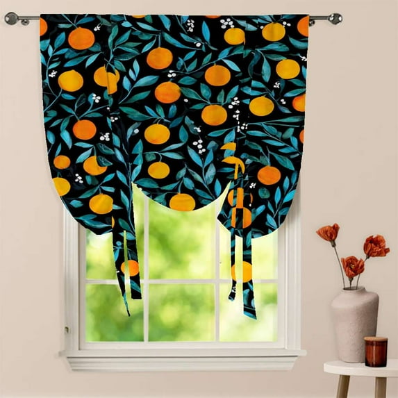 Dark Teal Oranges Leafy Pattern Window Curtain for Living Room Roman ...