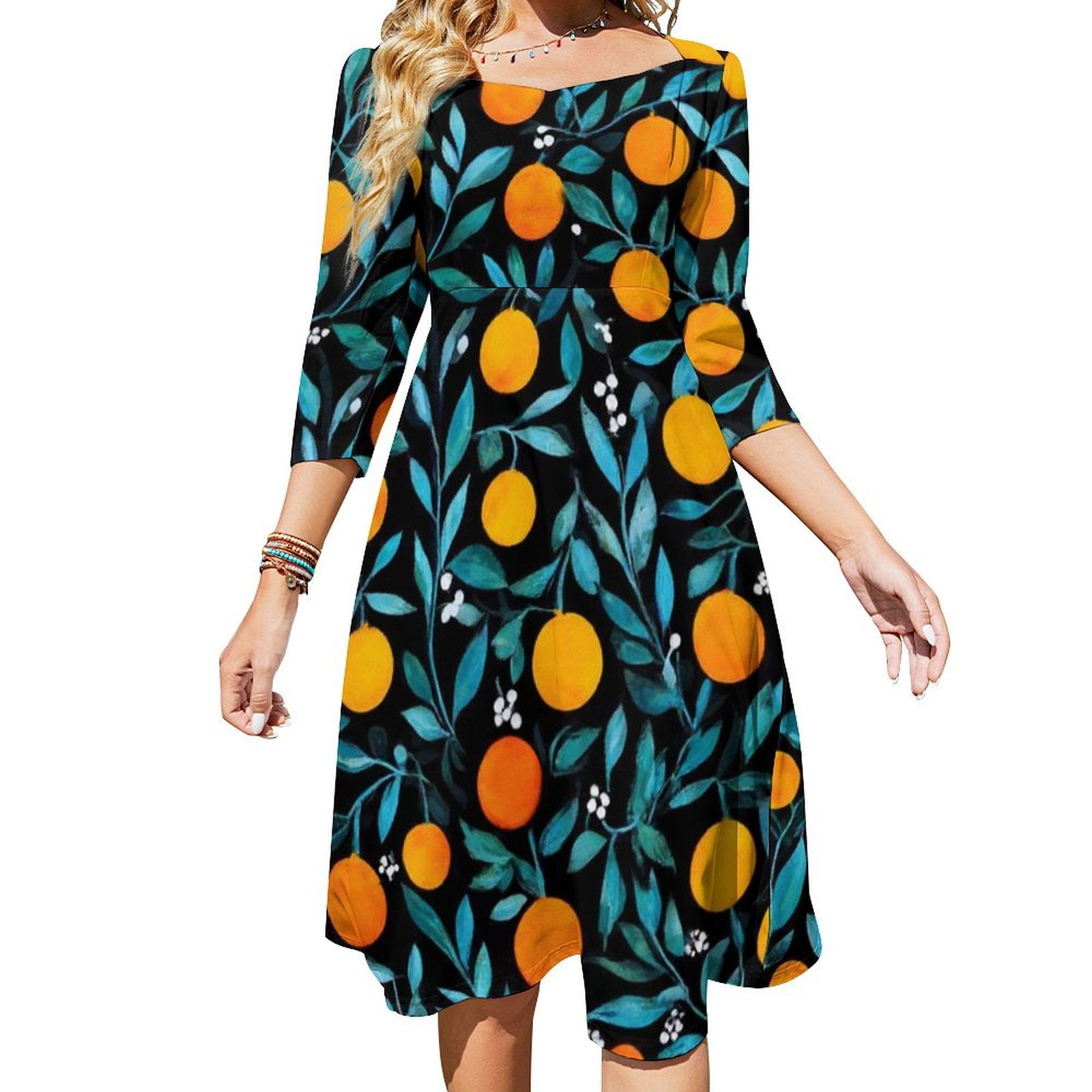 Dark Teal Oranges Leafy Pattern Women's Fall Dresses Casual Loose Flowy ...