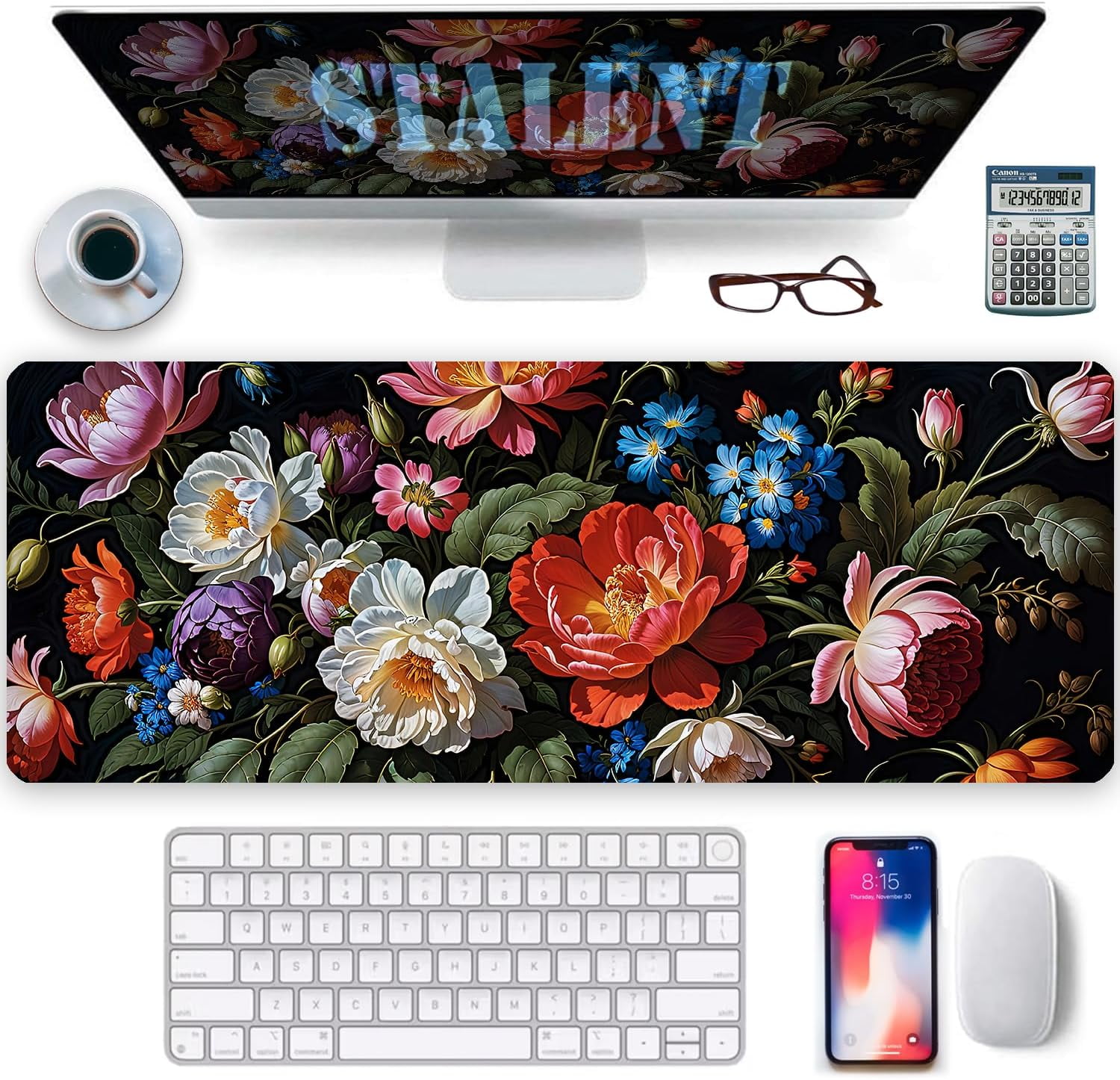 Dark Vintage Floral Desk Mat | Large Gaming Mouse Pad (31.5” x 11.8 ...