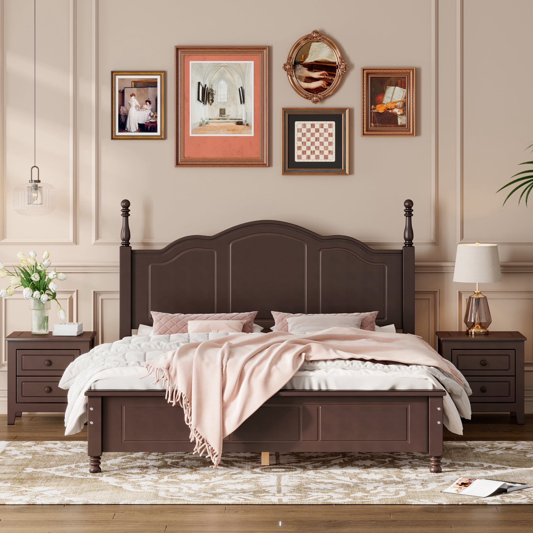 Dark Walnut 3 Bedroom , Queen Platform Wood Bed And Two Nightstands ...