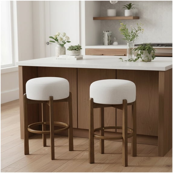 Dark Walnut Bar Stools Set of 2 with Ivory Upholstery, Rubberwood ...