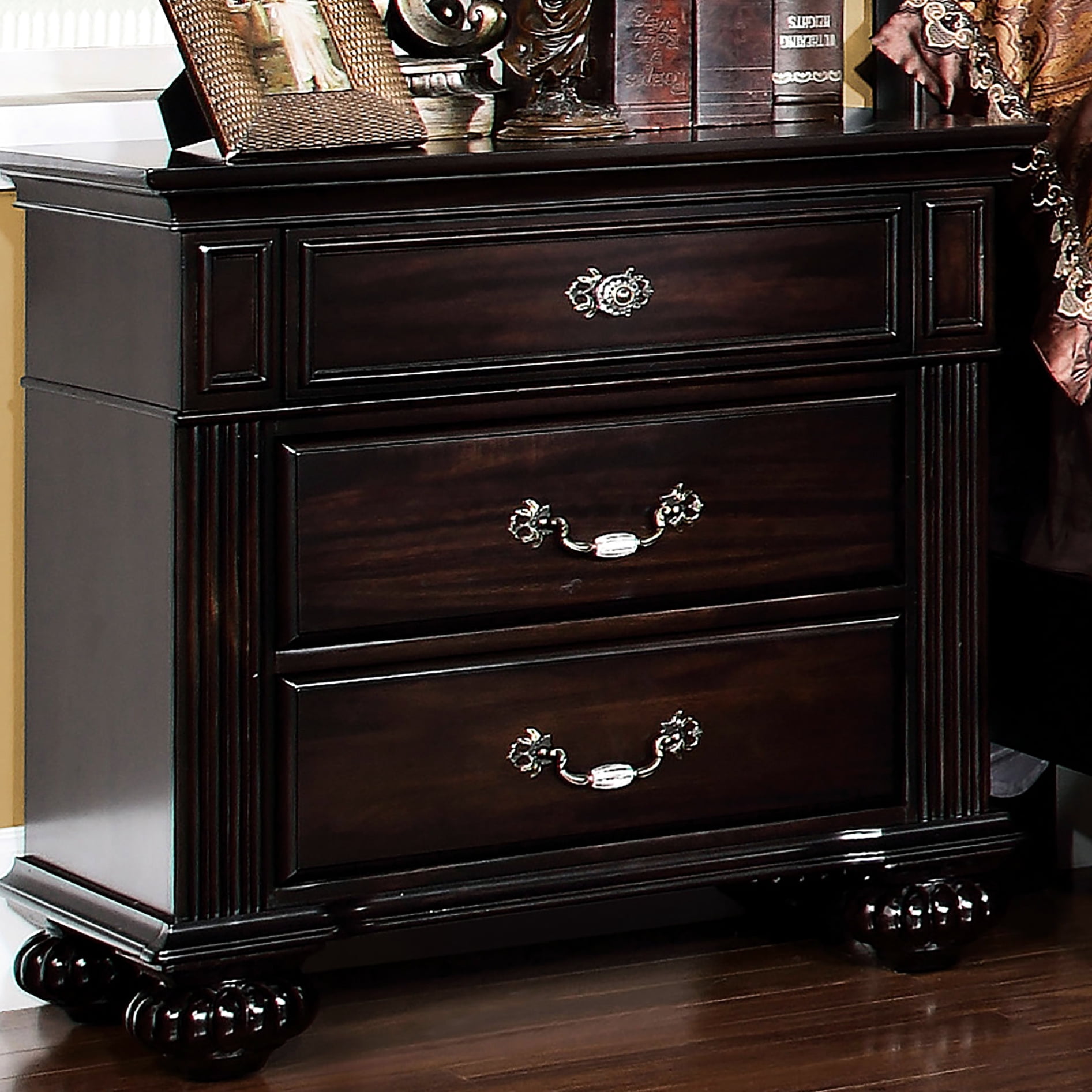 Dark Walnut Bedroom Furniture: Solid Wood Nightstand With 3 Drawers And ...