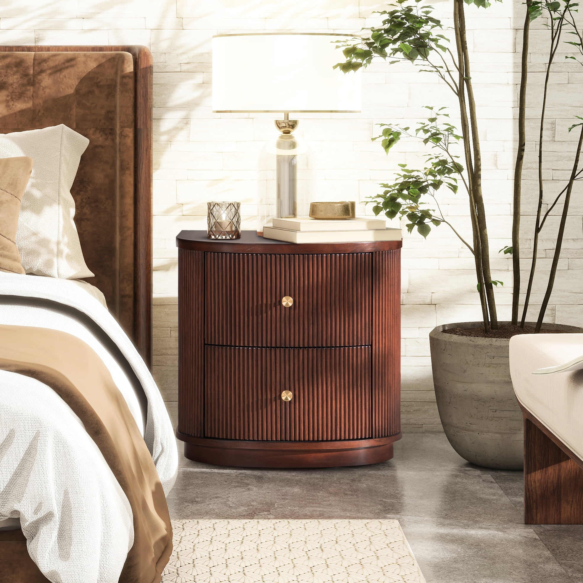 Dark Walnut Beech Wood 24" 2 Storage Side Table For . Half-moon Design ...