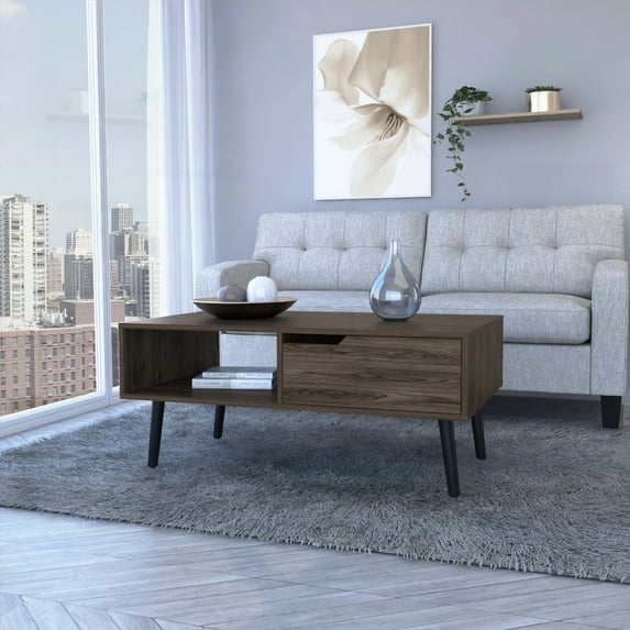 Dark Walnut Coffee Table Bull with One Drawer, One Open Shelf & Its ...