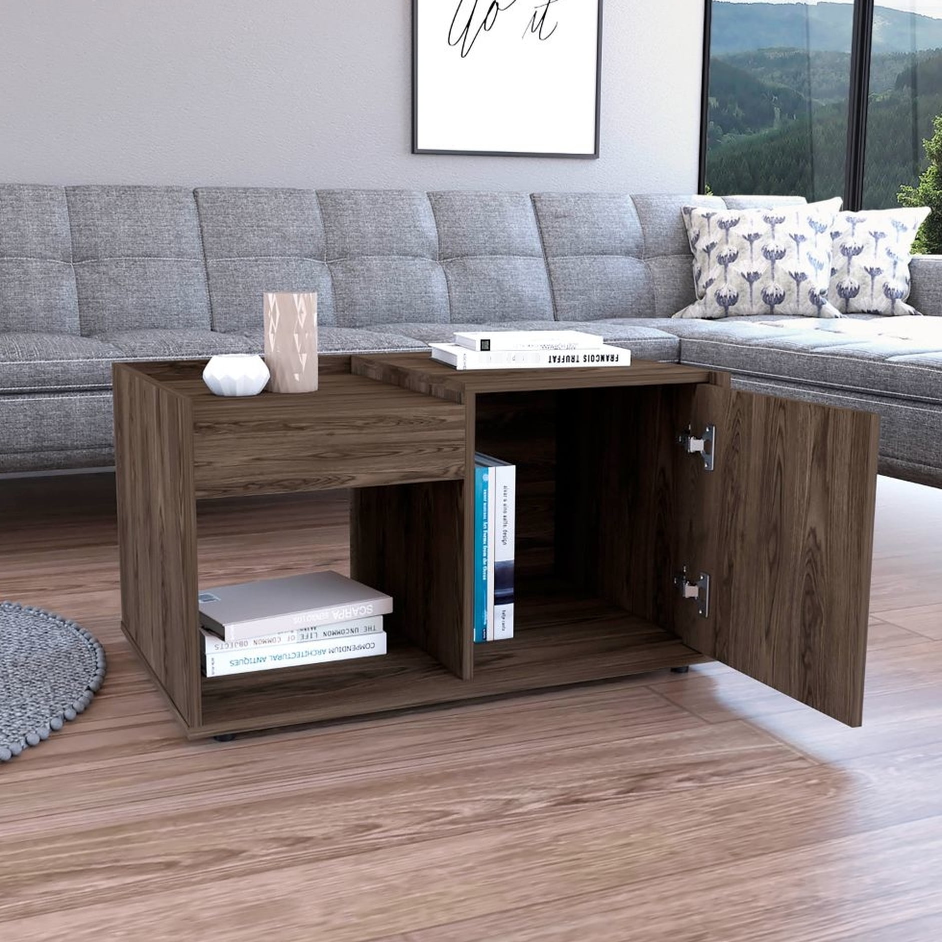 Dark Walnut Coffee Table With One Open Shelf And Single Door Chest ...
