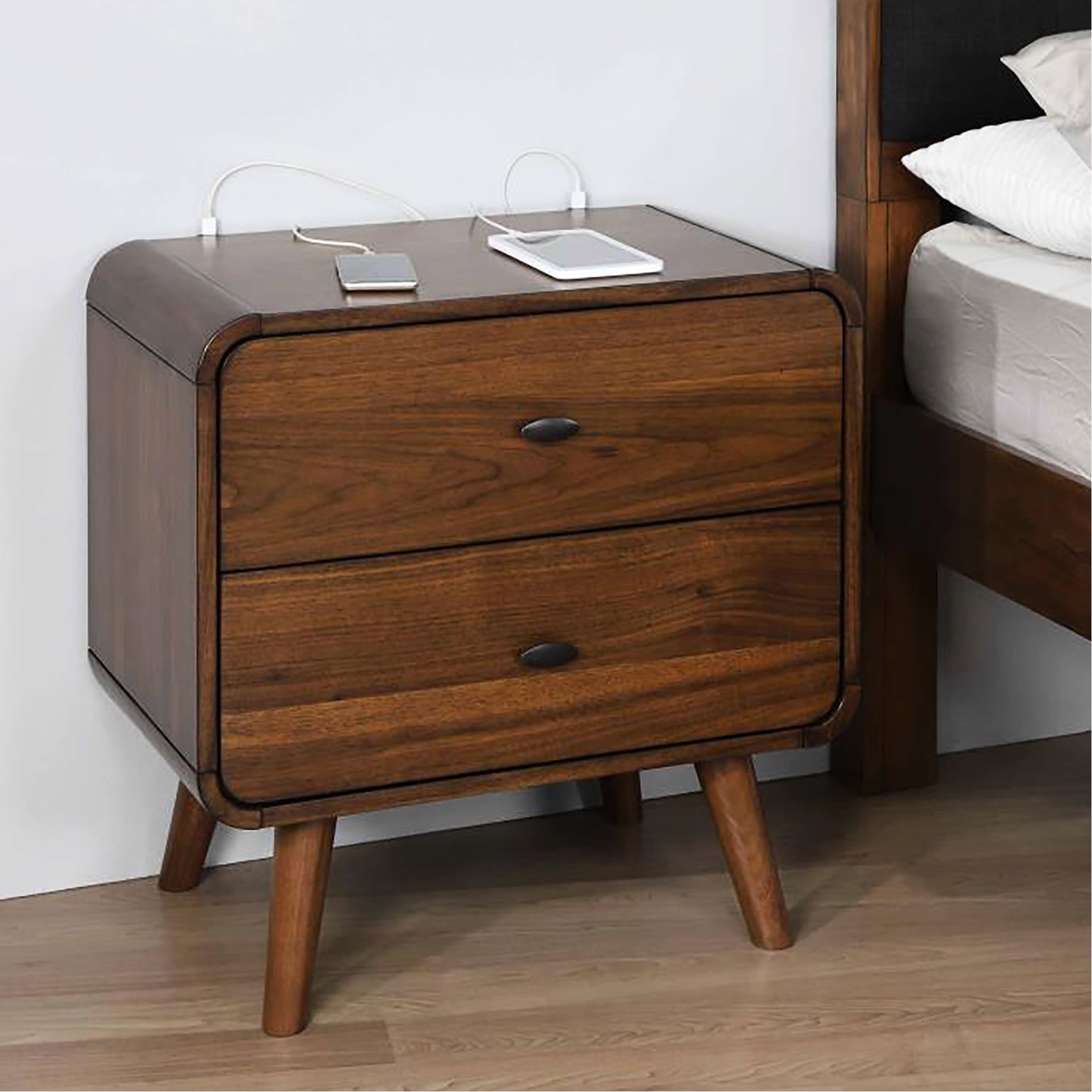 Dark Walnut Finish Nightstand With 2 Drawers And Angled Legs For ...