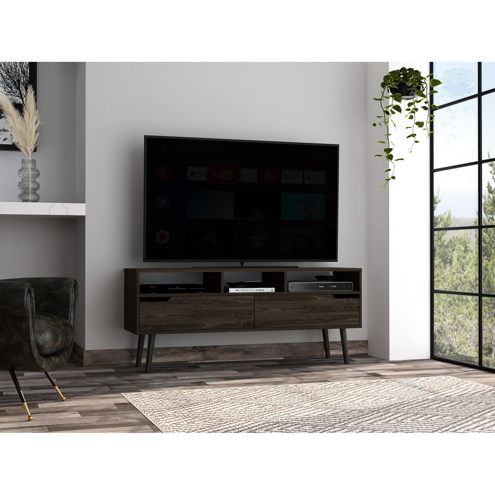 Dark Walnut Finish | Three Open and Two Internal Shelves for Storage ...