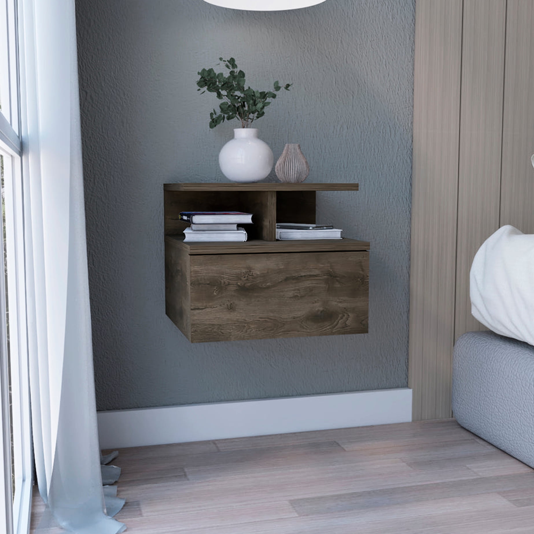 Dark Walnut Floating Nightstand With Single Drawer And Practical 2 ...