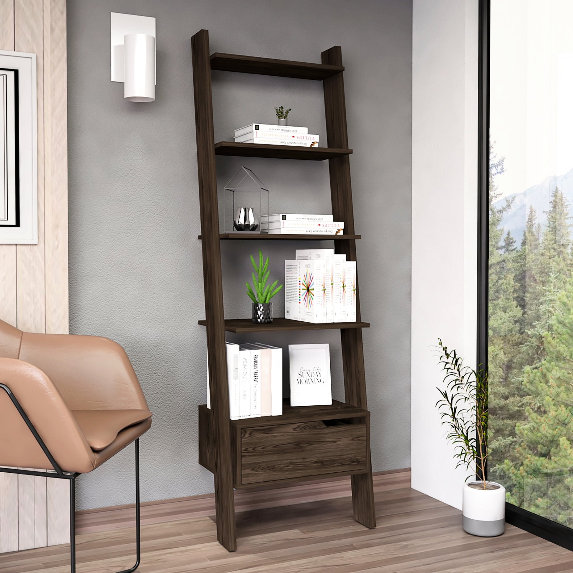Dark Walnut Ladder Bookcase Featuring One Drawer and Five Shelves ...