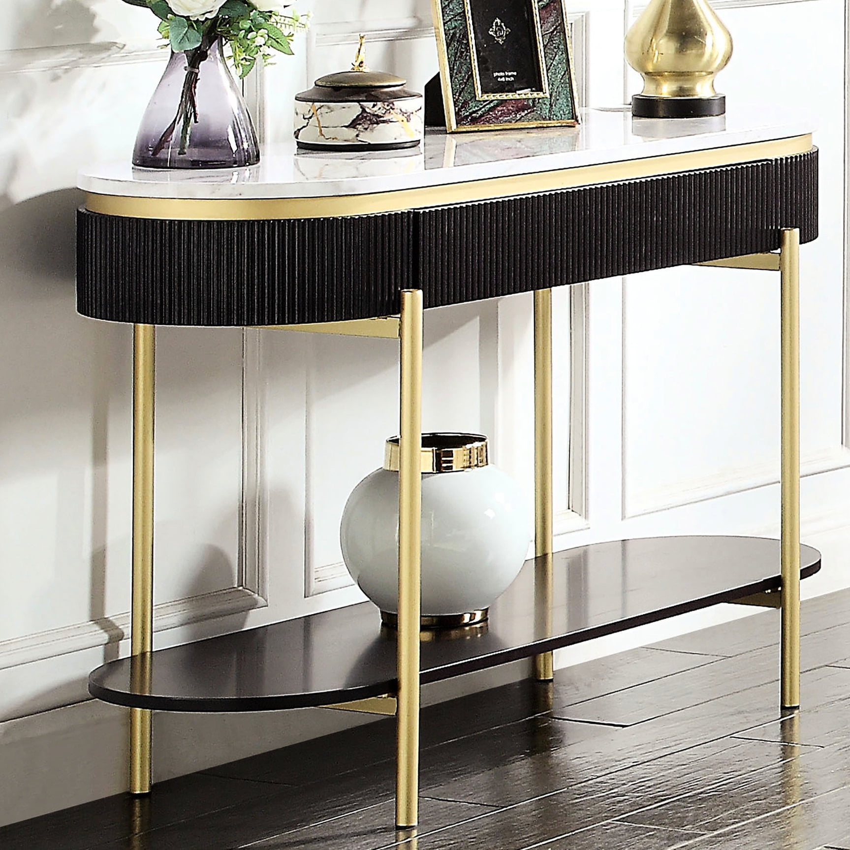 Dark Walnut Material - Gold Steel Legs and Reeded Panels - Living Room ...