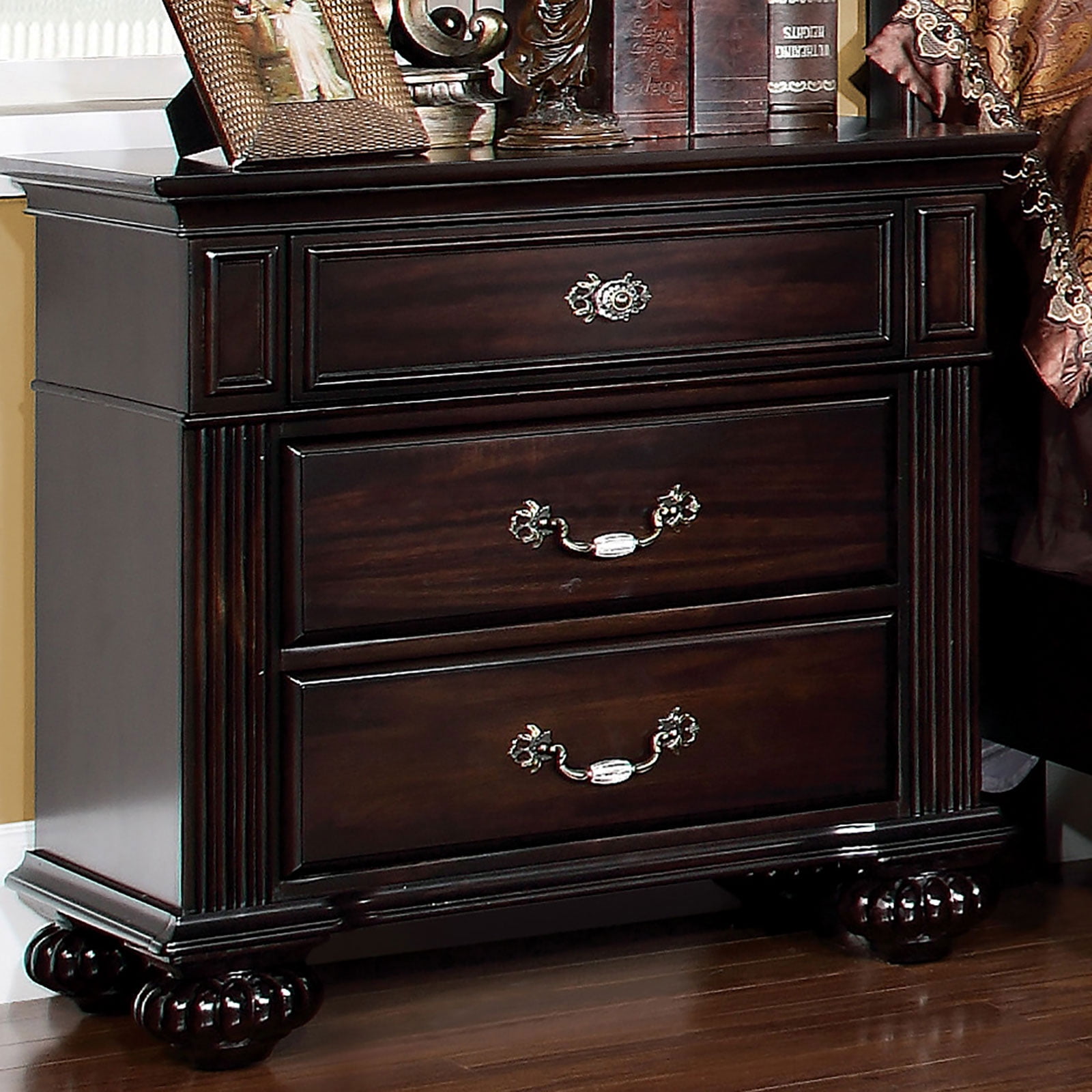 Dark Walnut Nightstand with 3 Drawers - Solid Wood Bedroom Furniture ...