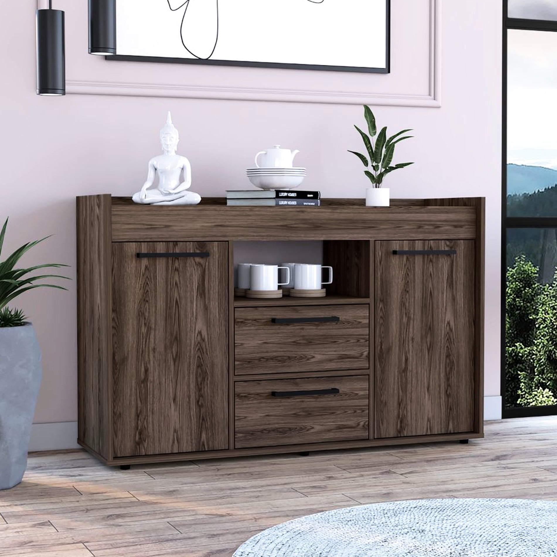 Dark Walnut Sideboard With 2 Drawers, Doors & Open Shelf Contemporary ...