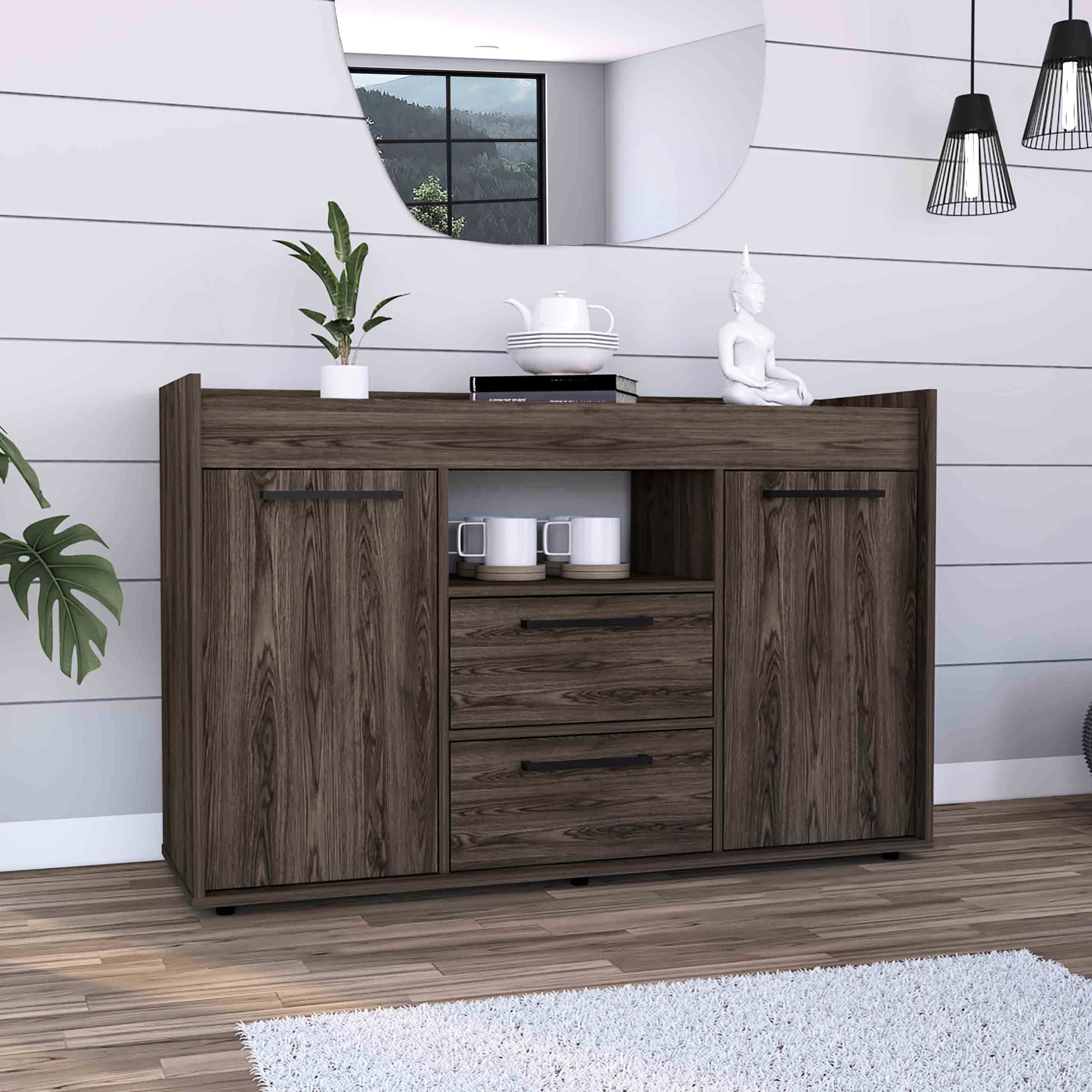 Dark Walnut Sideboard With Two Drawers And Double Door Plate Cabinets ...