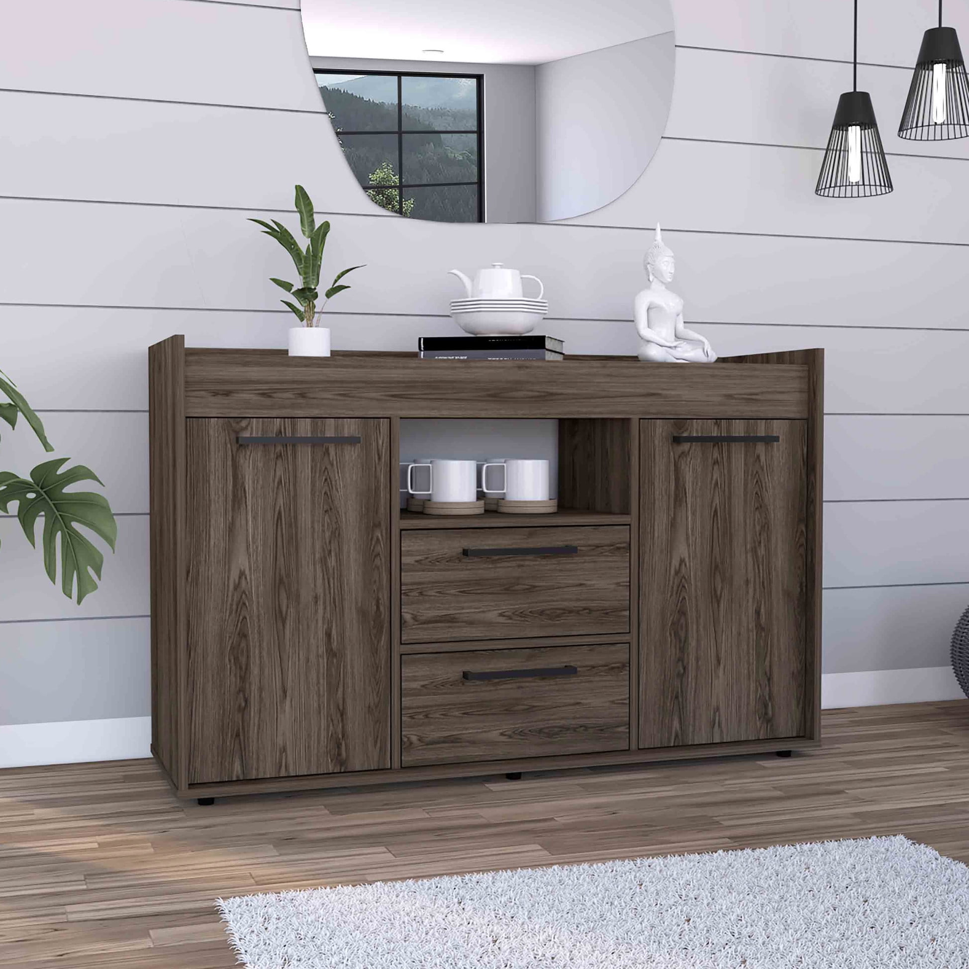 Dark Walnut Sideboard With Two Drawers And Double Door Storage Units ...