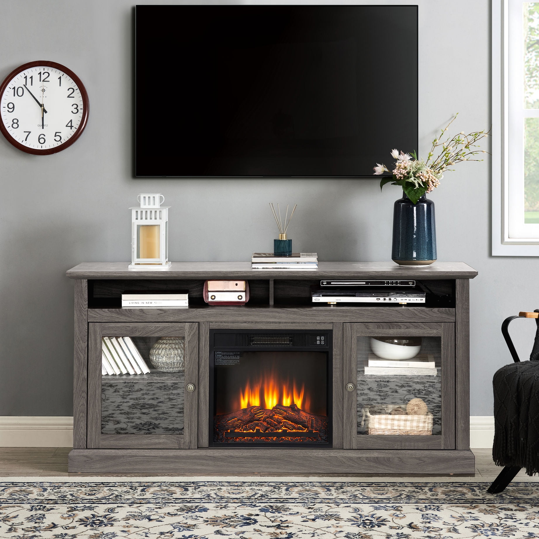 Dark Walnut TV Stand | Entertainment Center with Storage and Fireplace ...