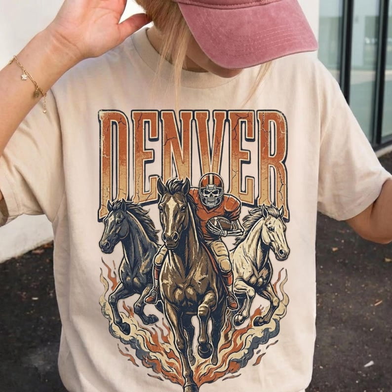 Dark Western Style Graphic Tee with Skeleton and Horse Football Artwork ...