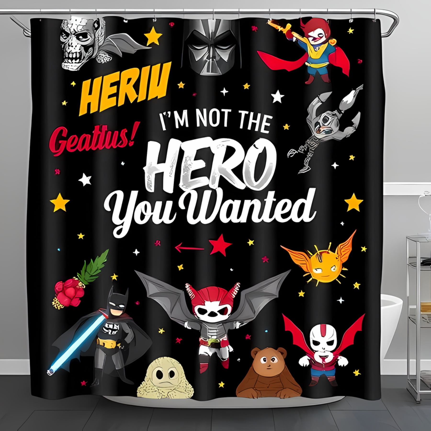 Dark Whimsical Shower Curtain with Cartoon Characters & Stars - " HERIW Geatlus I'M NOT THE HERO ...