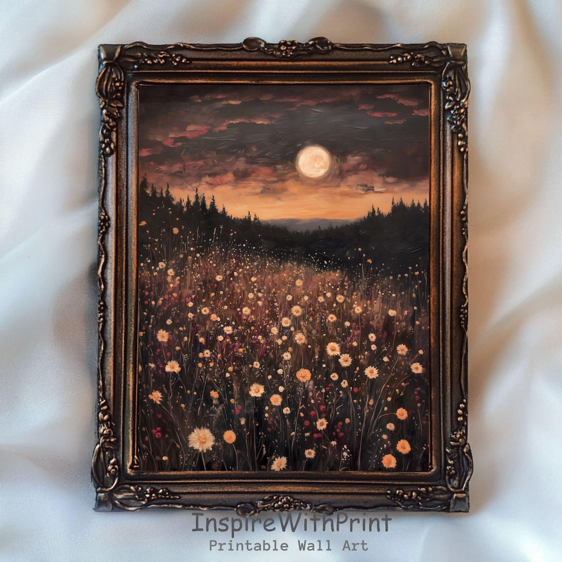 Dark Wildflower Field Print, Boho Moon Wall Art, Unframed Paper Poster ...