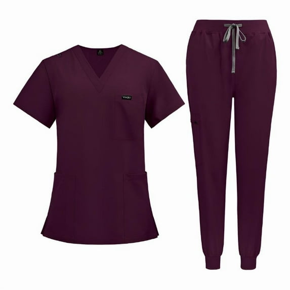 Dark Wine Red Medical Scrubs Uniforms Set Doctor Short Sleeve Surgical ...