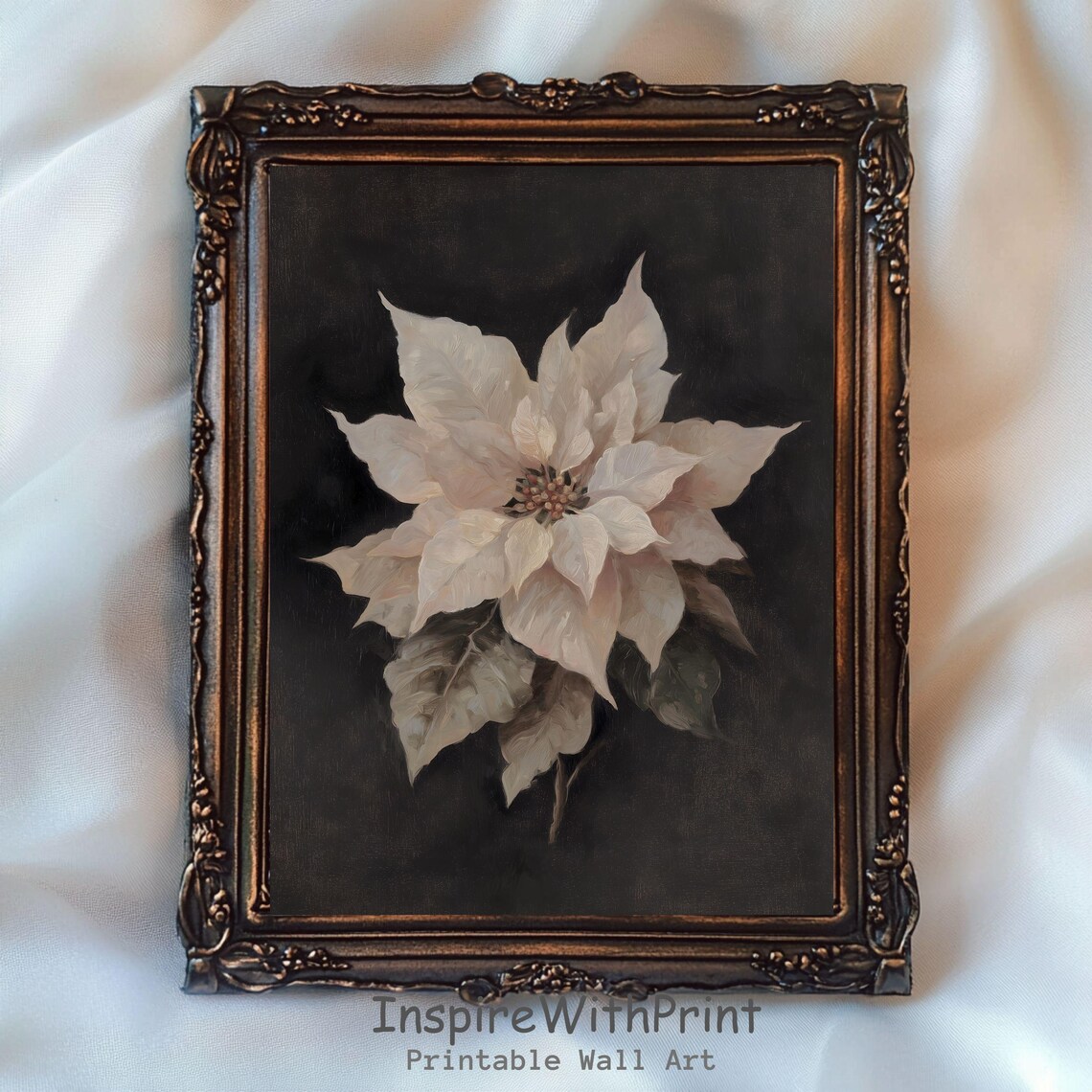 Dark Winter Holiday Floral Botanical Art, Neutral Poinsettia Poster ...