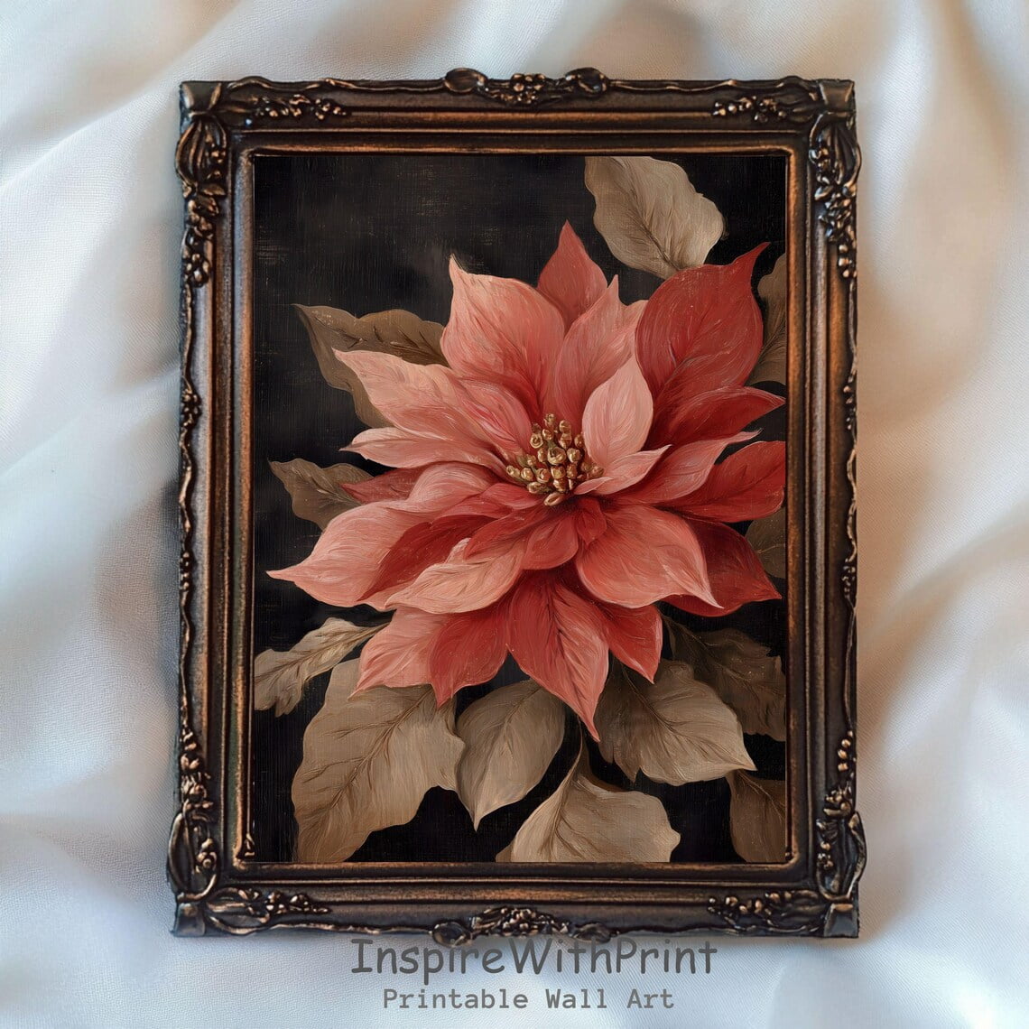 Dark Winter Holiday Floral Botanical Art, Poinsettia Poster, Farmhouse ...
