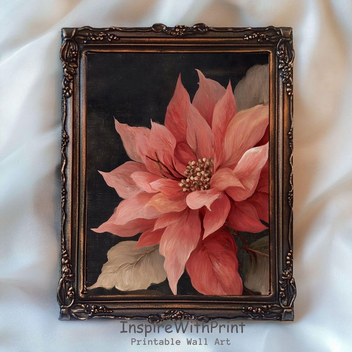 Dark Winter Holiday Floral Botanical Art, Poinsettia Poster, Farmhouse ...