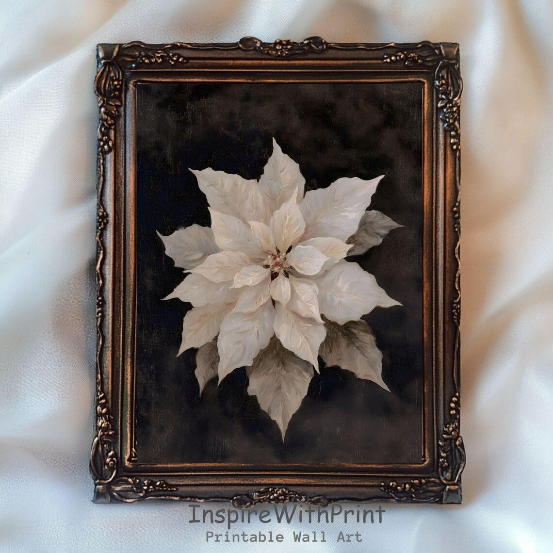 Dark Winter Holiday Floral Botanical Art White Poinsettia Poster ...