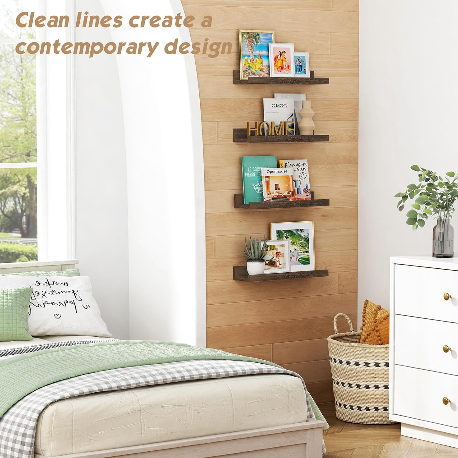 Dark Wood Nursery Floating Shelves for Wall Set of 4, Short Wall ...