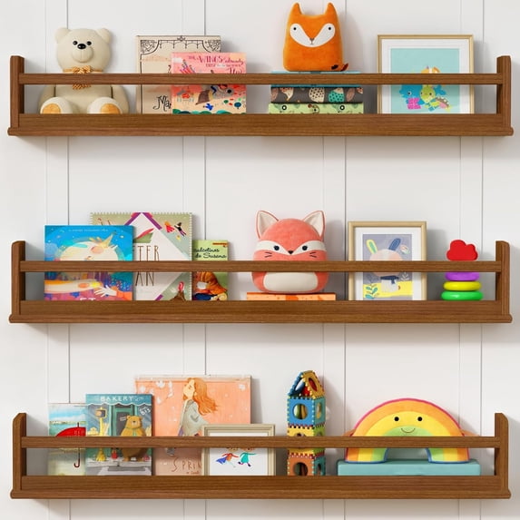 Dark Wood Wall Bookshelf for Kids Bedroom, 36 Inch Floating Nursery ...
