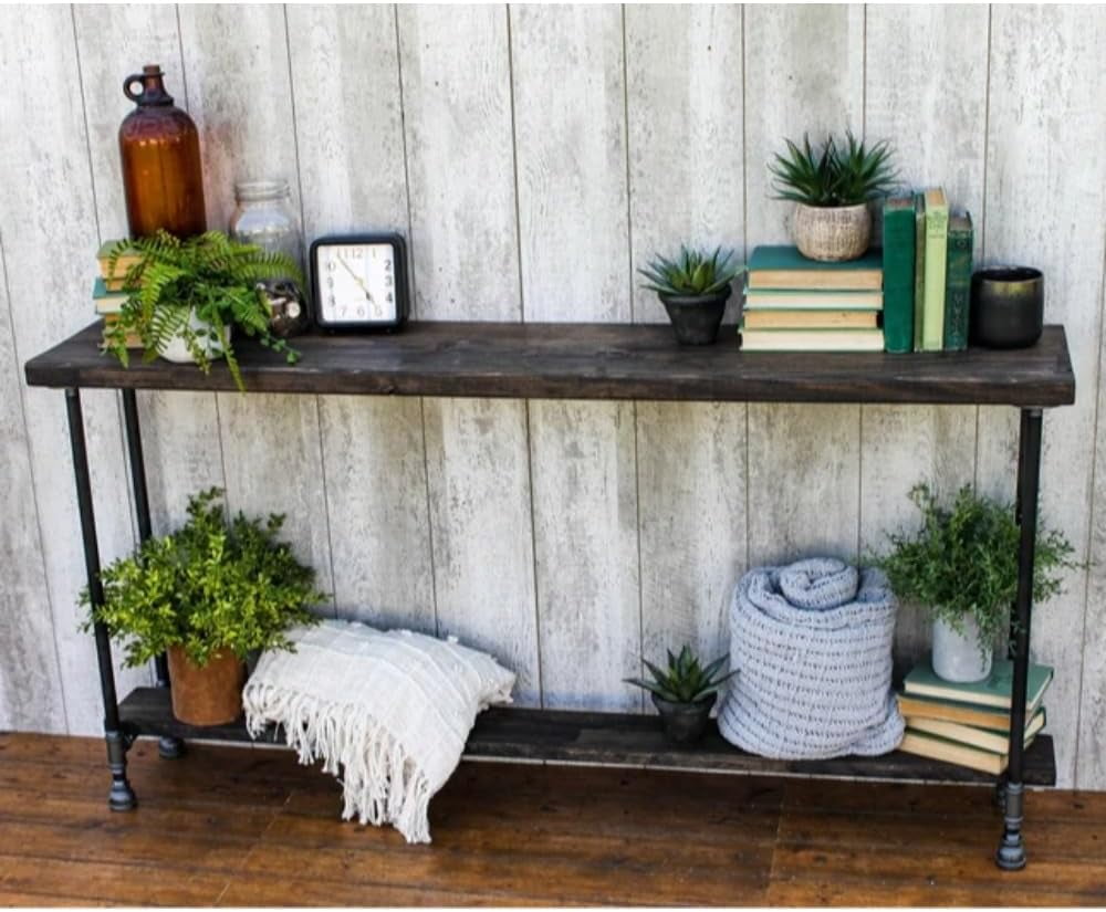 Dark Wooden Narrow Console Table with Shelf, Long Sofa Table with Metal ...