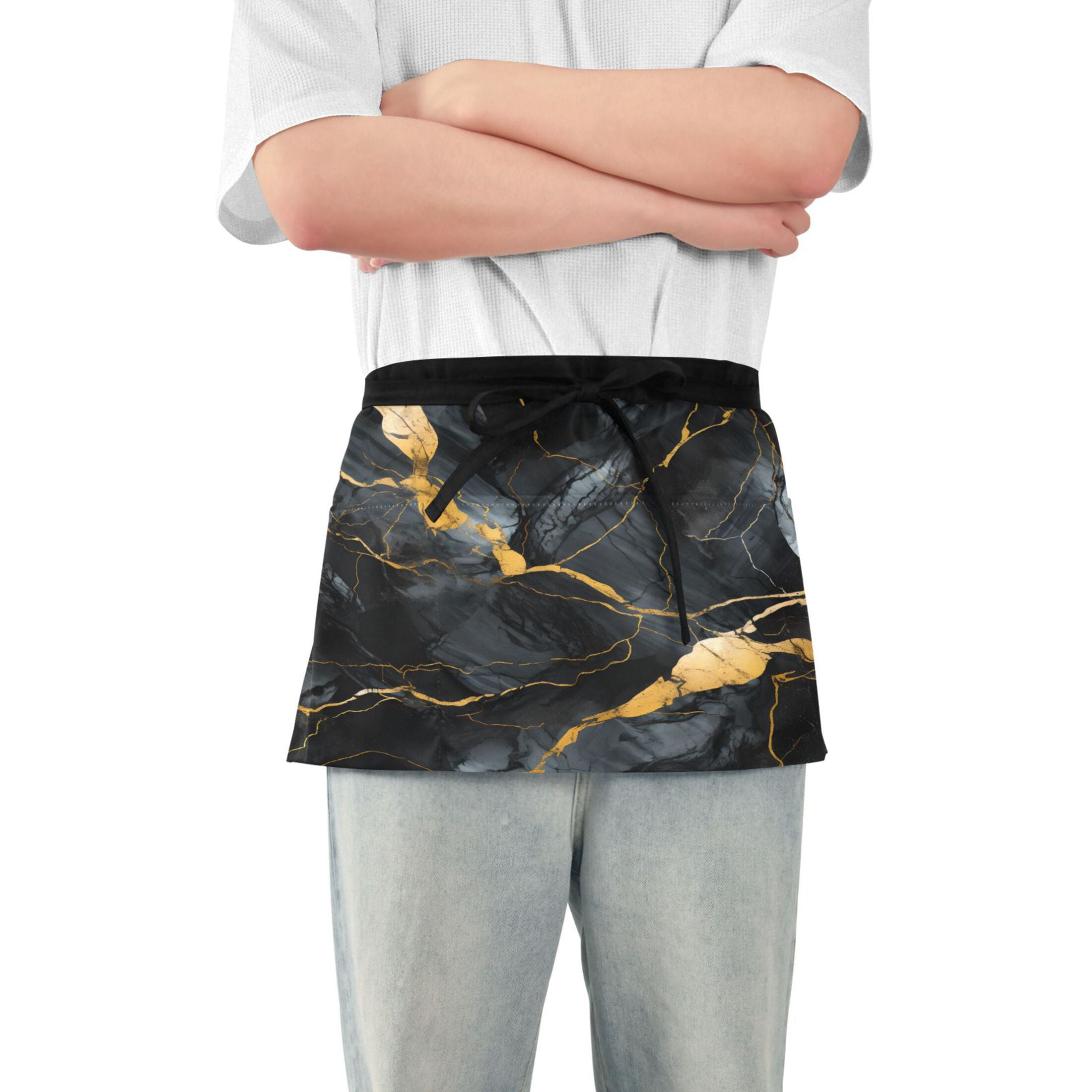 Dark and Light Black Marble Server Apron with 3 Pockets Waterproof Waitress Waist Short Apron ...