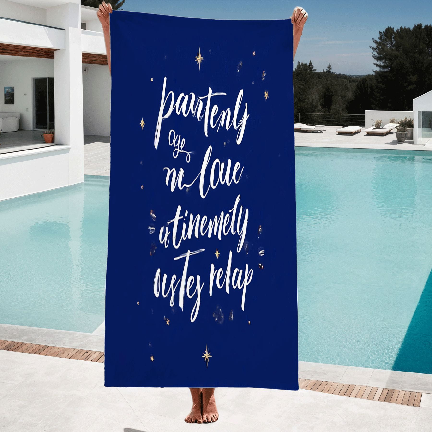 Dark blue beach towel with whimsical white cursive text and scattered ...