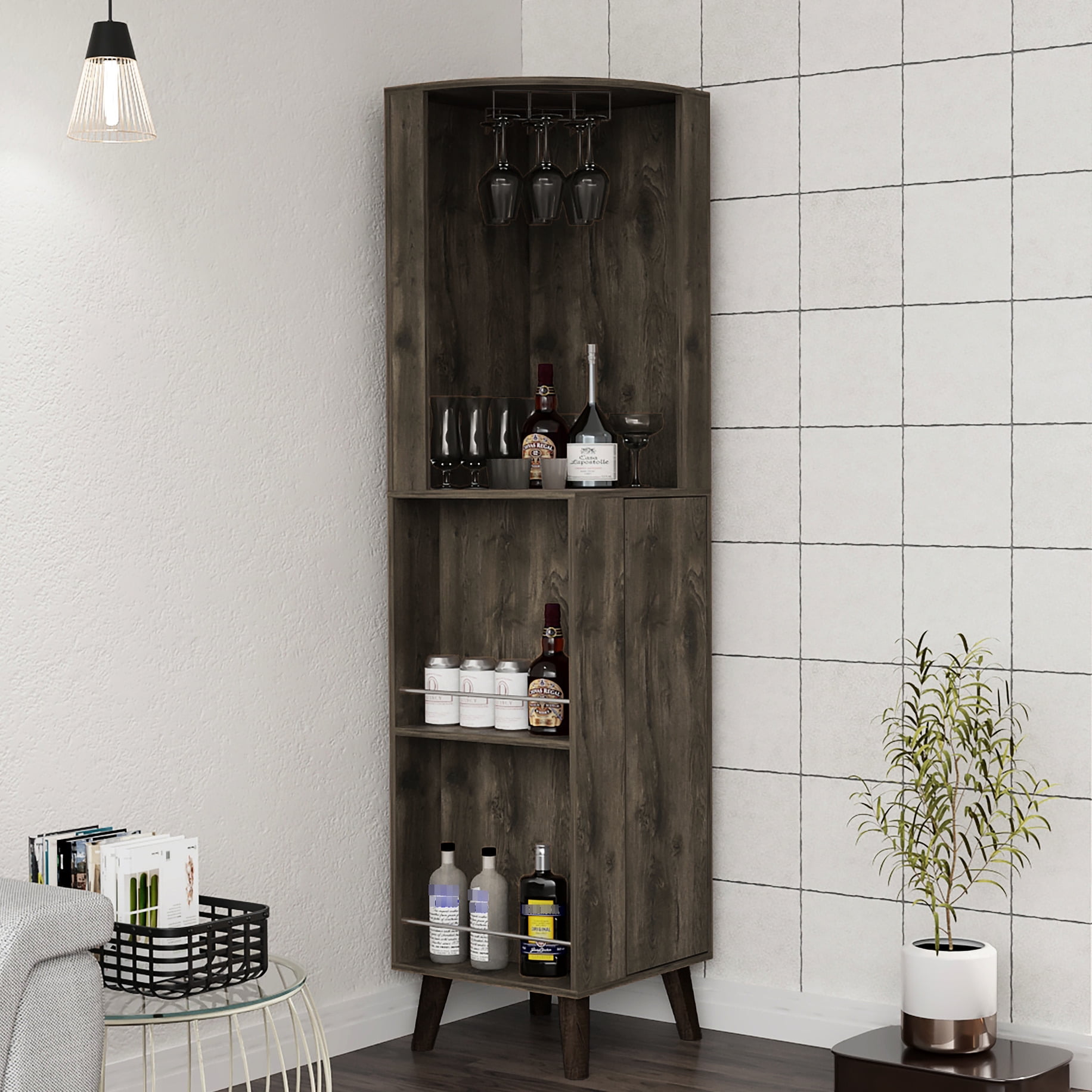 Dark brown corner bar cabinet with cup rack and full - extension 2 ...
