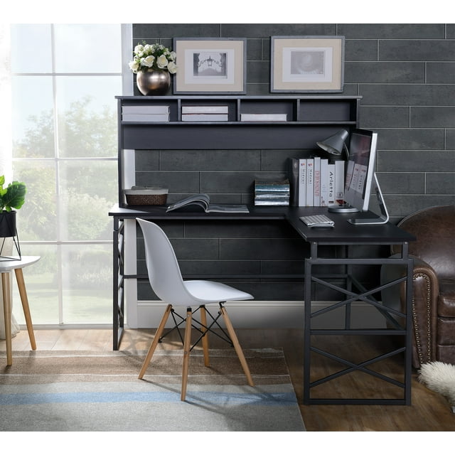 Dark brown finish wood L desk with metal base - Walmart.com