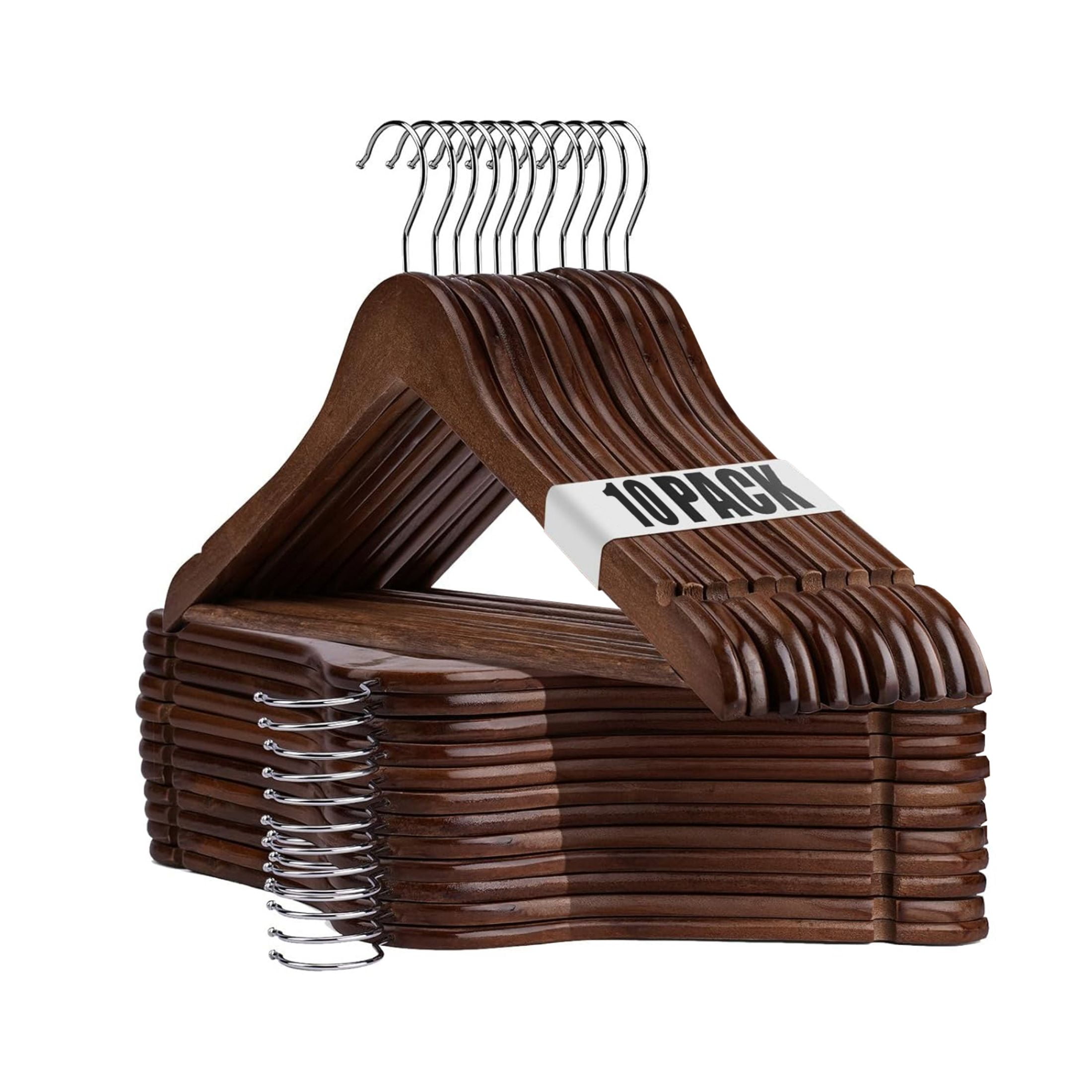 Dark brown solid wood hangers 10pcs anti-skid protective swivel hooks ...