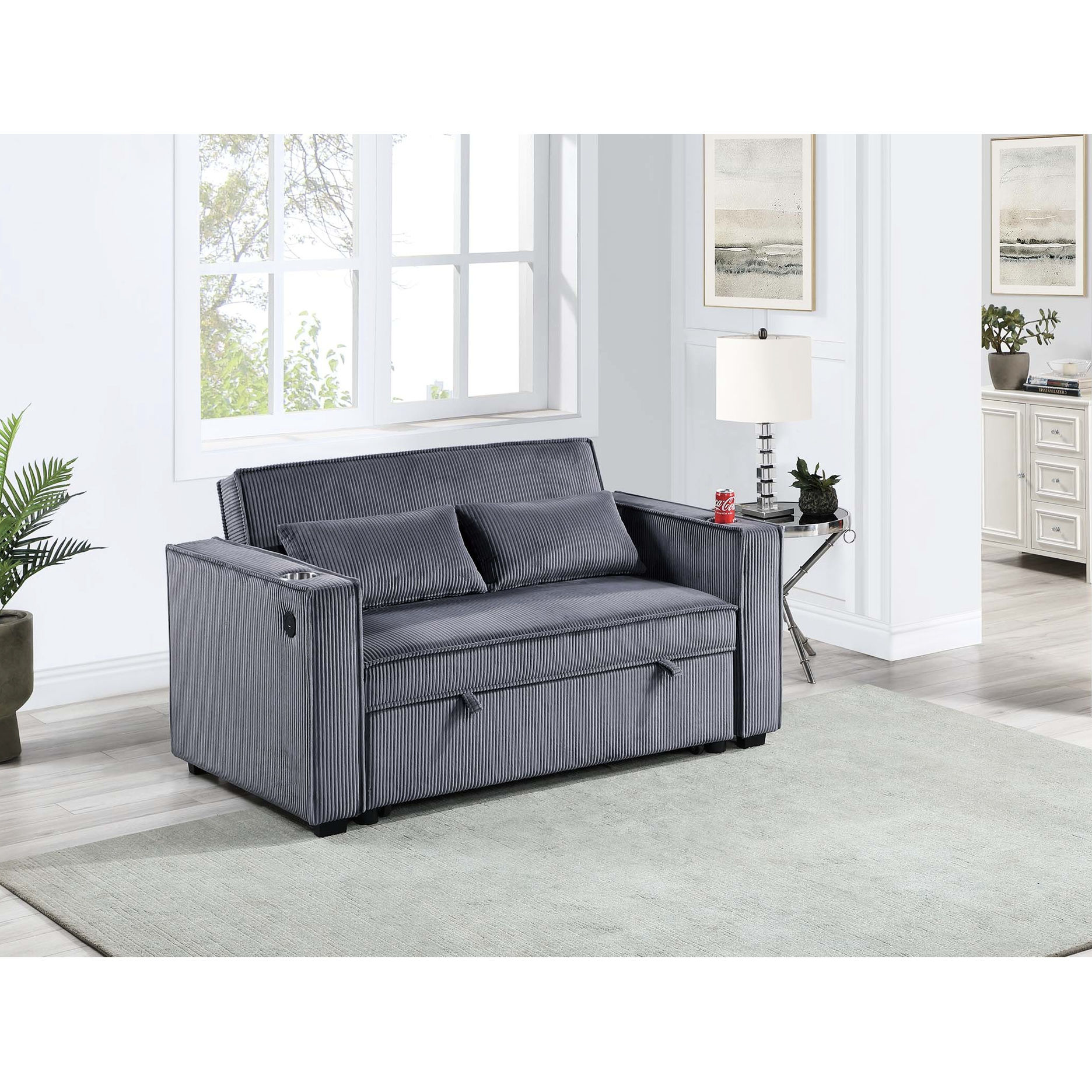 Dark gray corduroy 2 - seat convertible sofa with cup holders and USB ...