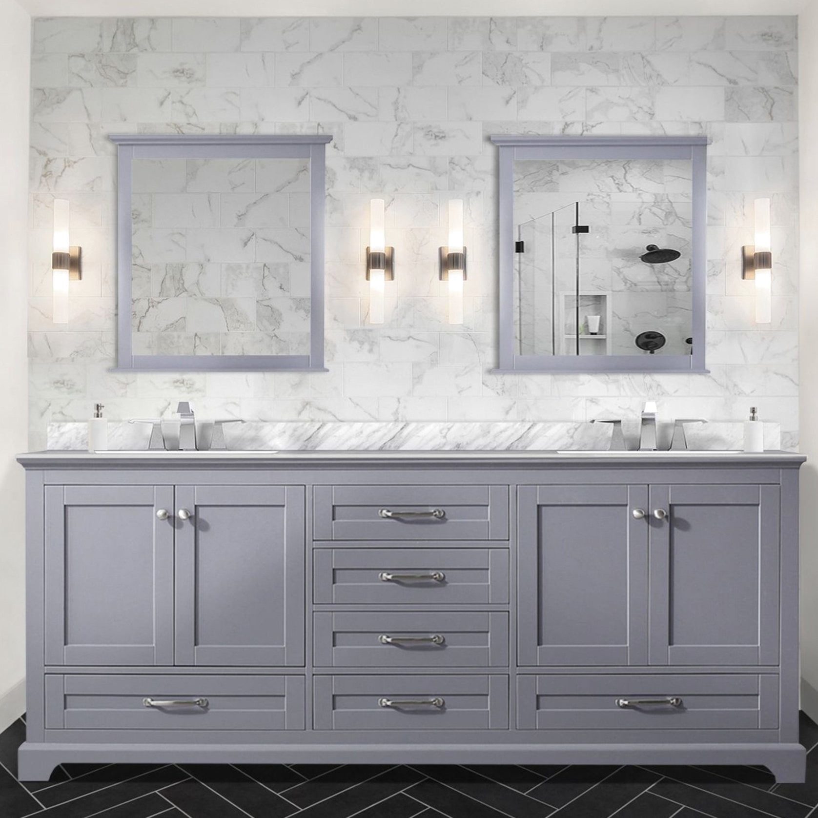 Dark grey, fully assembled double bath vanity | Six drawers and open ...