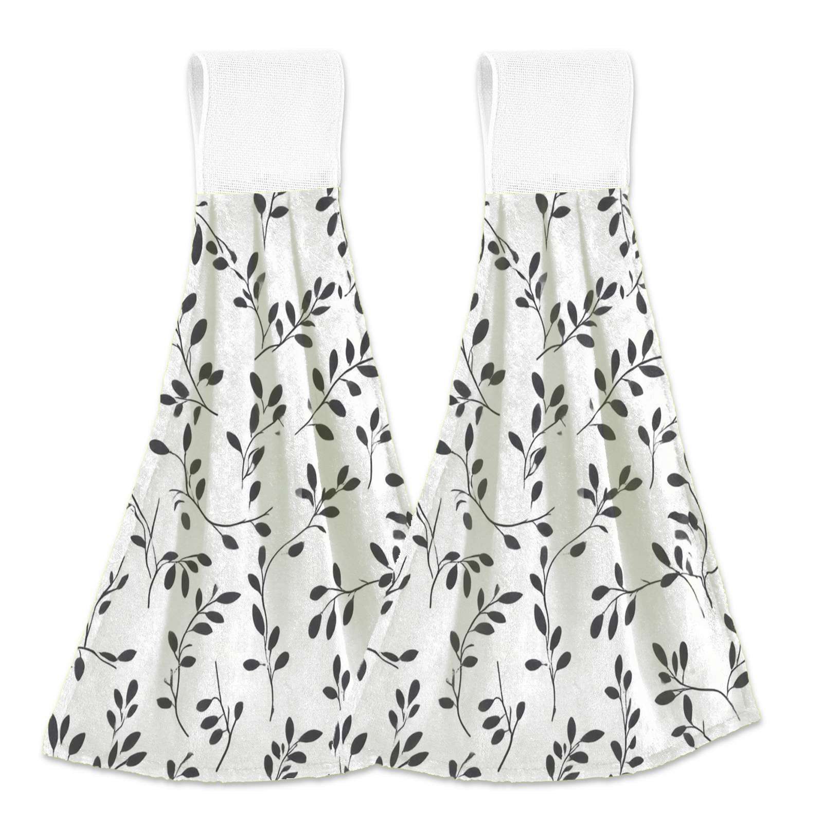 Dark leaves white background pattern Hanging Kitchen Hand Towels Sets ...