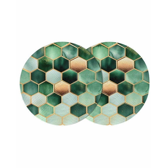 Dark Green Marble Round Table Placemats set of 2, Gold Hexagon ...