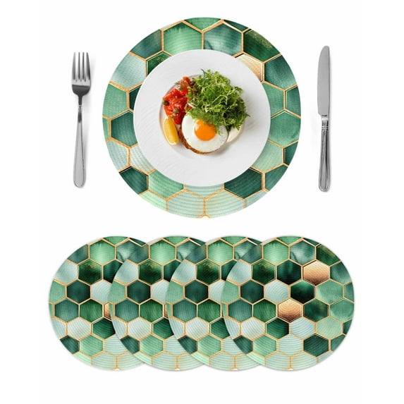 Dark Green Marble Round Table Placemats set of 4, Gold Hexagon ...