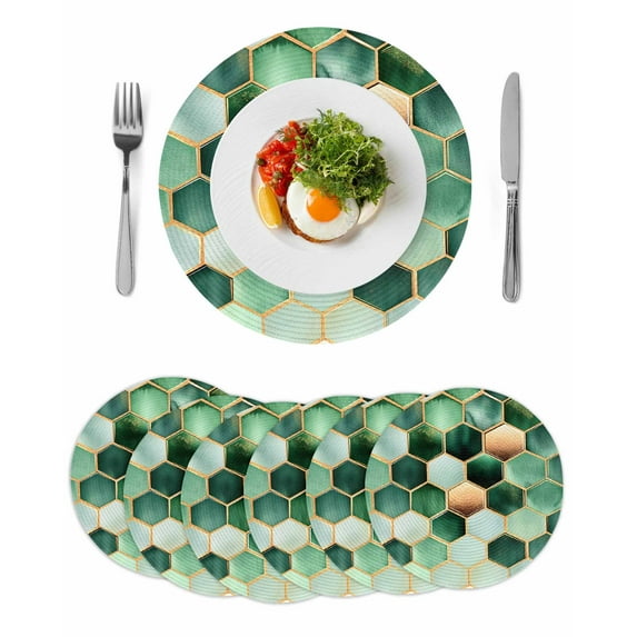 Dark Green Marble Round Table Placemats set of 6, Gold Hexagon ...