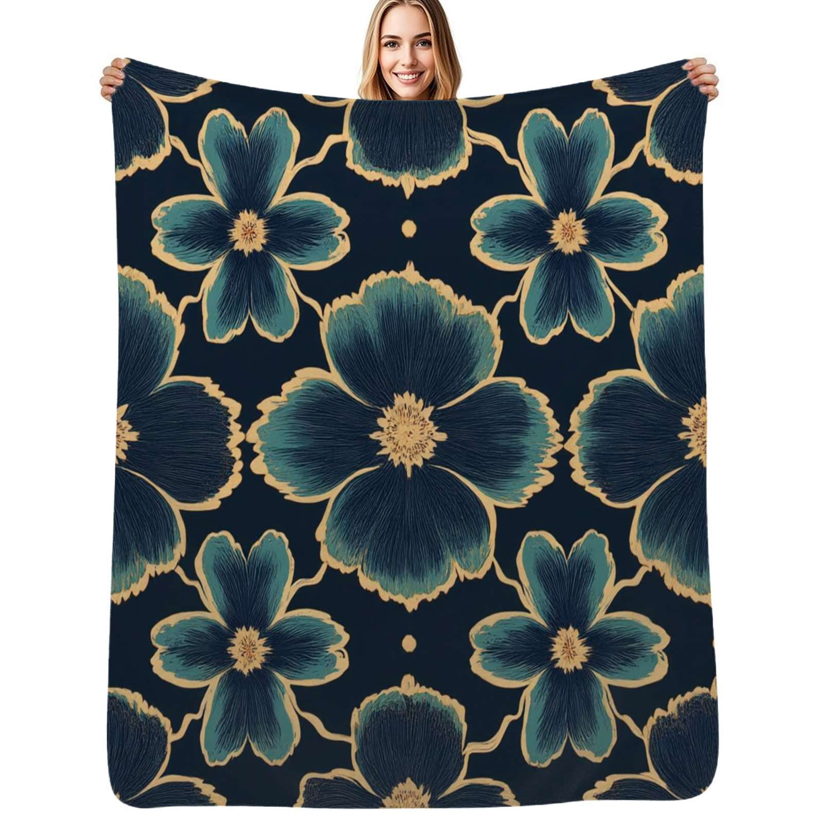 Dark teal floral seamless pattern Flannel Blanket Warm Soft Bedding ...