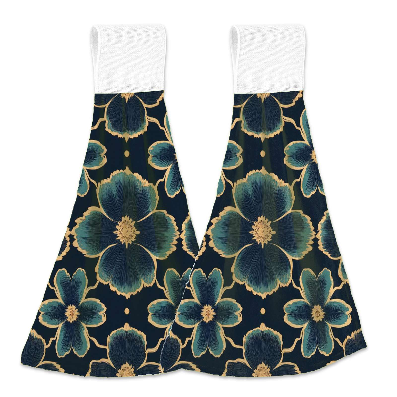 Dark teal floral seamless pattern Hanging Kitchen Hand Towels Sets with ...
