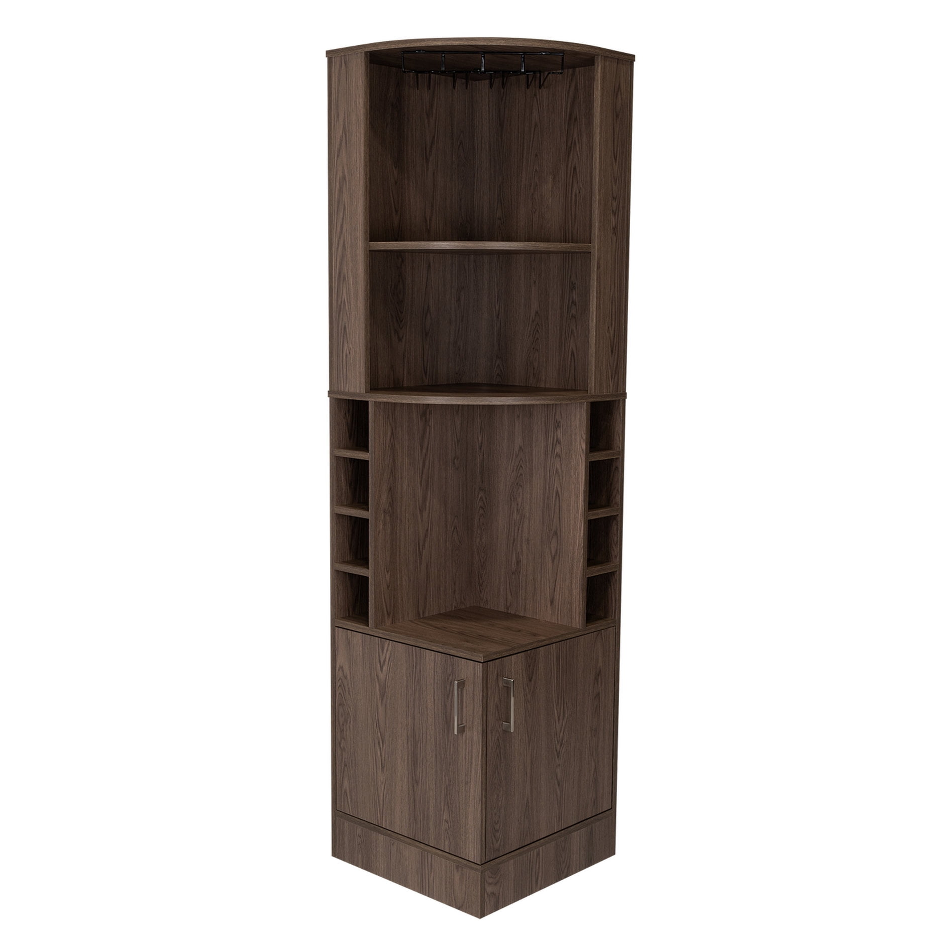 Dark walnut bar cabinet having two - door bottom 8 cubbies middle ...