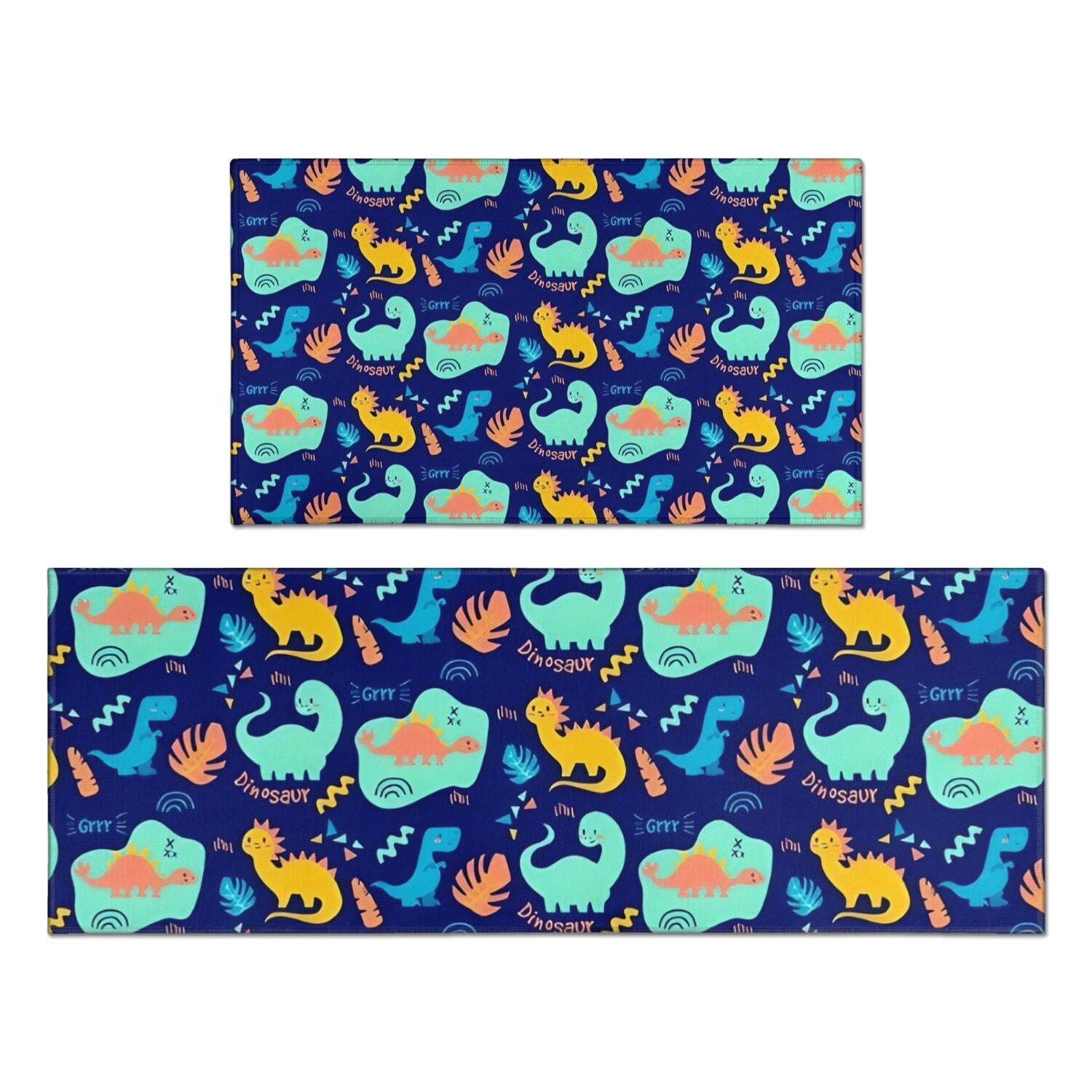 DarkBlue Cartoon Dinosaurs Pattern Kitchen Rugs Sets Of 2,Anti Fatigue ...