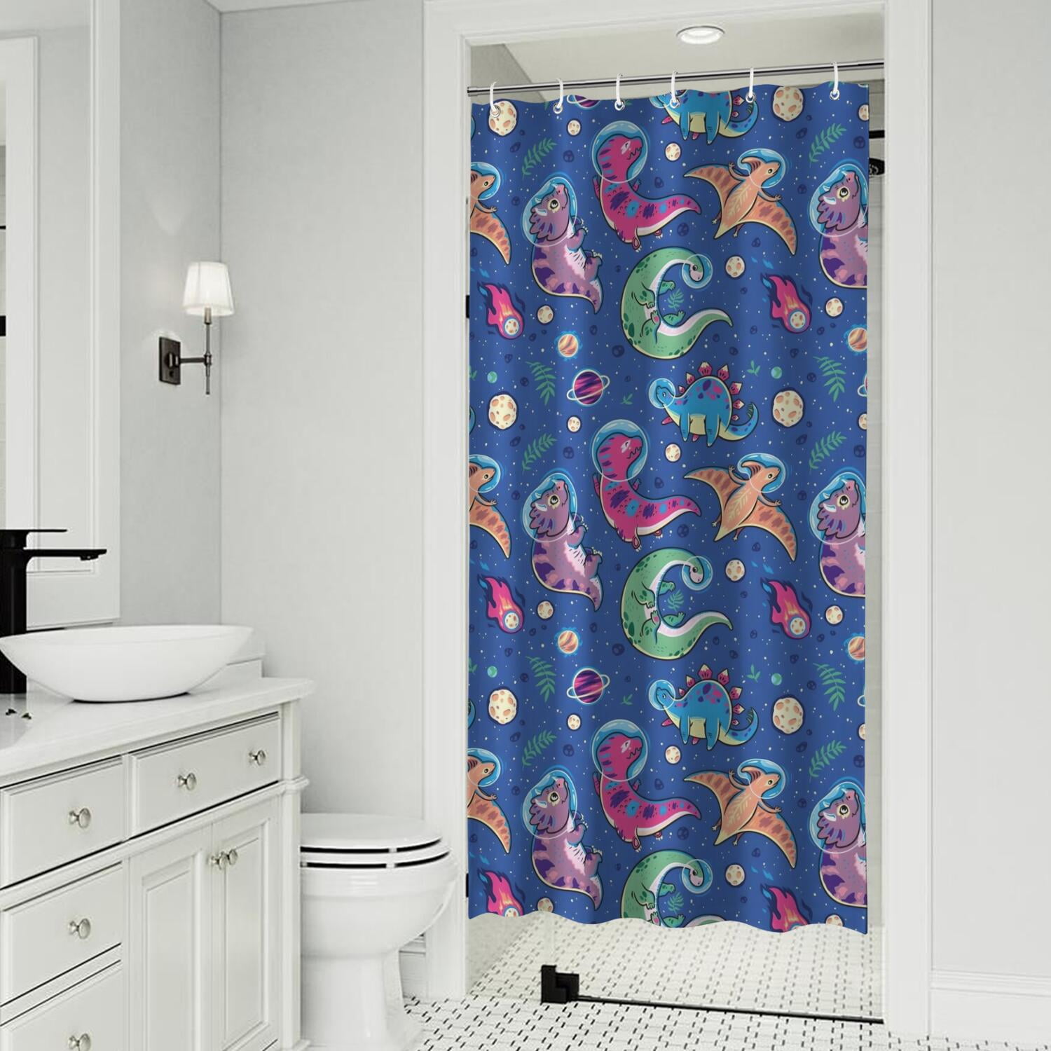 DarkBlue Cartoon Dinosaurs Planets Pattern Shower Curtain 36"x72 ...