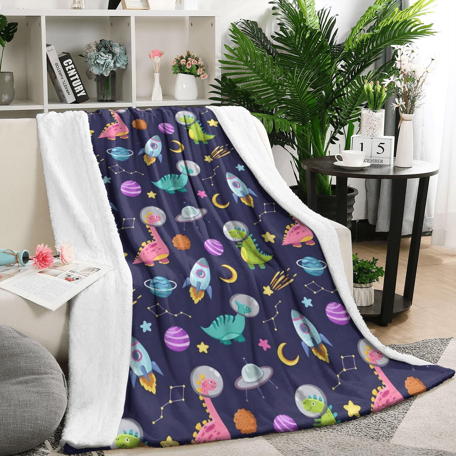 DarkBlue Cartoon Dinosaurs Space Rockets Pattern Blanket,Comfortable ...