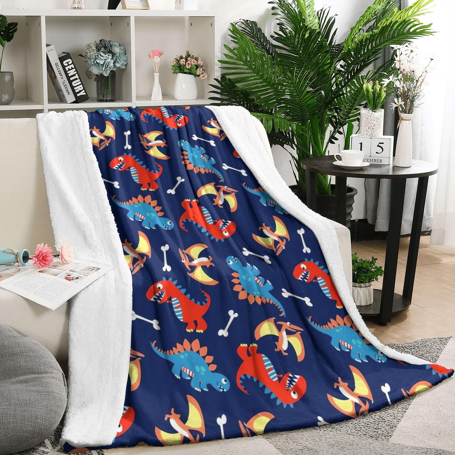 DarkBlue Dinosaurs Bones Pattern Blanket,Comfortable Soft Flannel Throw Blanket,All Season,Warm ...