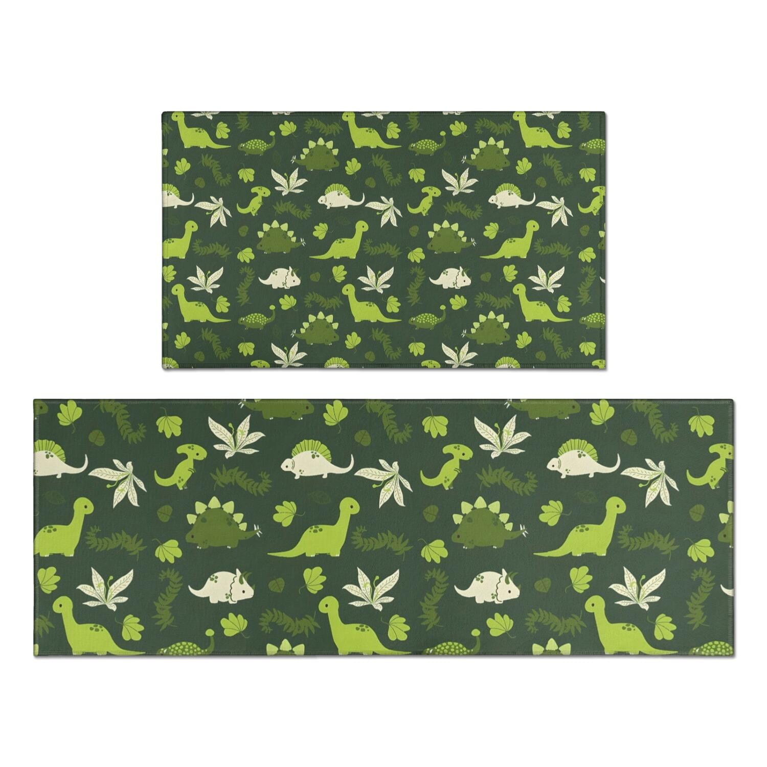 DarkGreen Cartoon Dinosaurs Plants Pattern Kitchen Rugs Sets Of 2,Anti ...