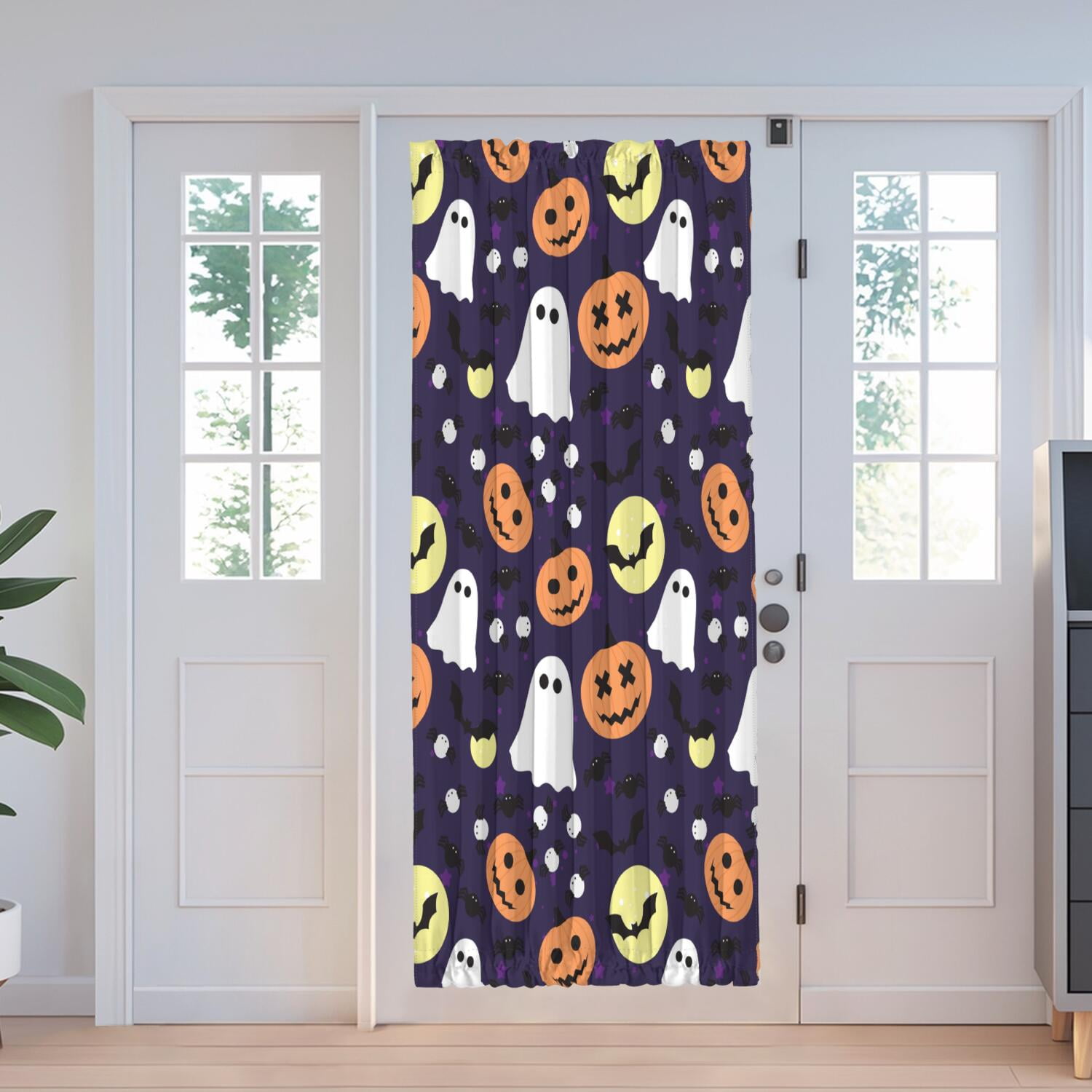 Darkness Themed Rod Pocket Door Curtain with Cobweb and Ghost Pattern ...